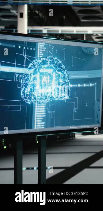 Vertical video Monitor in empty data center and AR visualization used ...