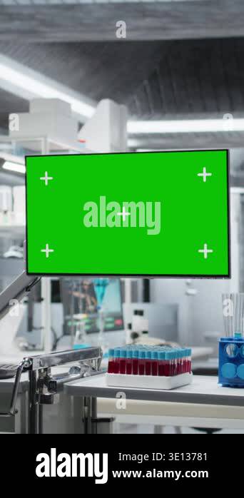 Vertical Video Chroma key monitor in empty research lab ready for ...