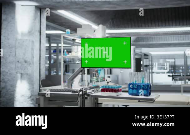 Chroma key monitor in empty research lab ready for scientists to begin ...