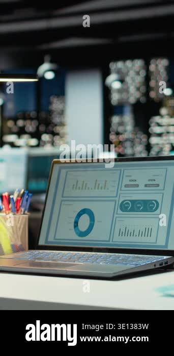 Vertical Video High end empty workspace features laptop with data ...