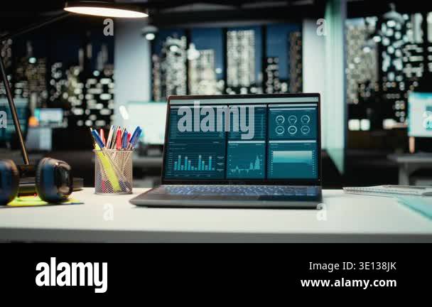 Empty business space at midnight showcasing data reports and analytics ...