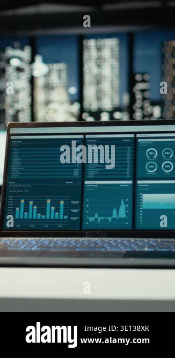 Vertical Video Empty business space at midnight showcasing data reports ...