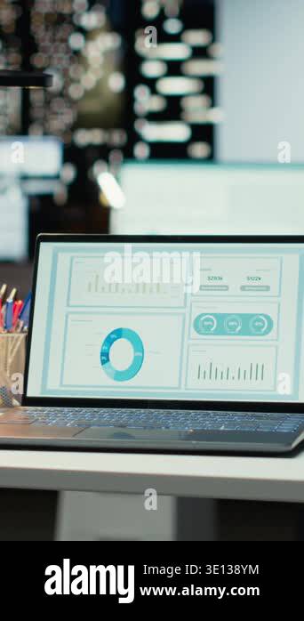 Vertical Video High end empty workspace features laptop with data ...