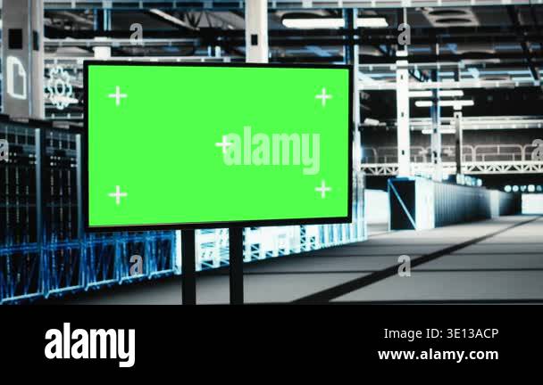 Green screen monitor in data center overseeing blue wireframe mesh ...