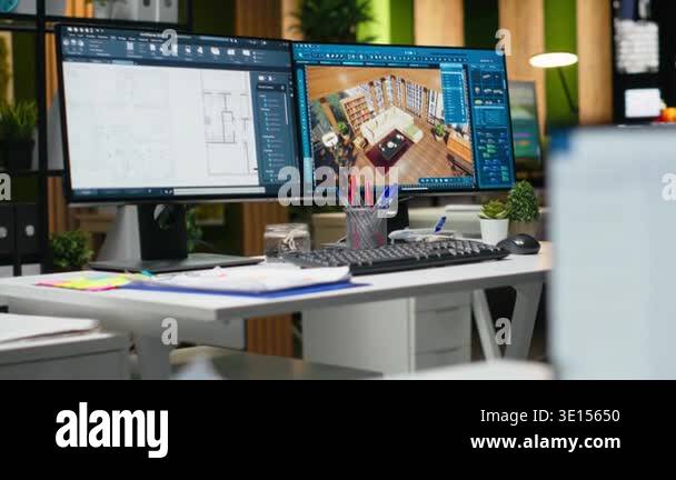 Modern architecture dual monitors with 3D rendering software and floor ...