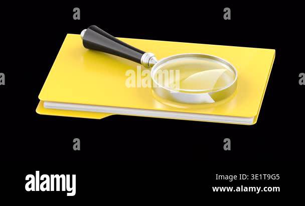 Yellow document folder with a magnifying glass rotation animation ...