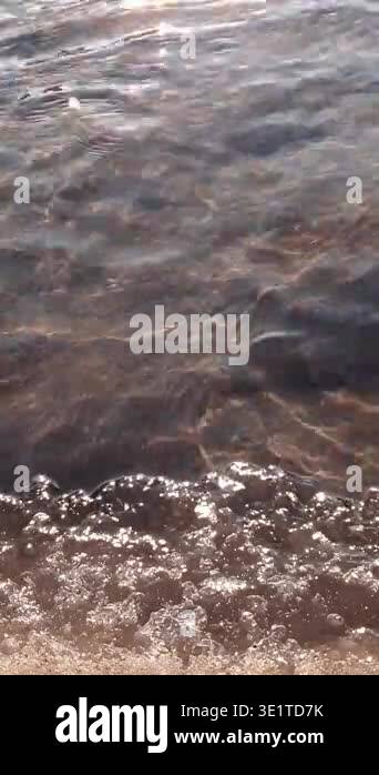 Vertical close up shot of clean flowing waves of shallow water stream ...