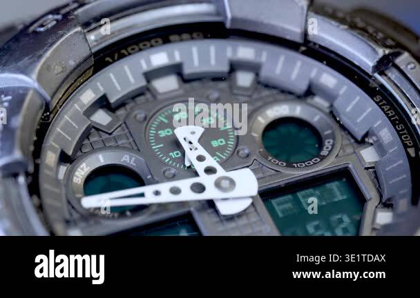Detailed features like a digital display and analog hands. The time is ...