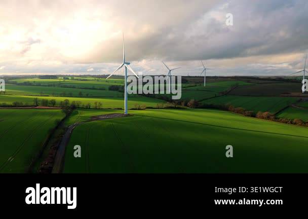 Aerial drone view of wind turbines at Kelmarsh Wind Farm, captured in ...
