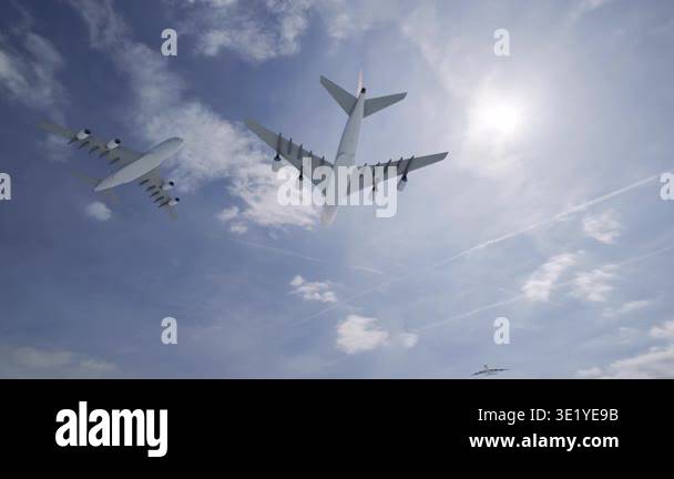 Many airplanes in the sky at different altitudes and levels flying in a ...