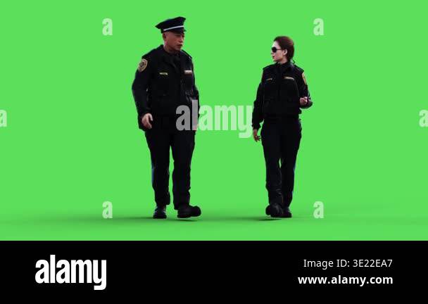 Policeman and policewoman walking. Realistic green screen isolate ...