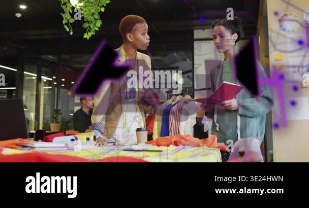 Fashion designers reviewing fabrics with tape and notes, AI overlay ...