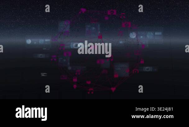 Glowing band appearing magenta nodes linking as panels sliding code ...