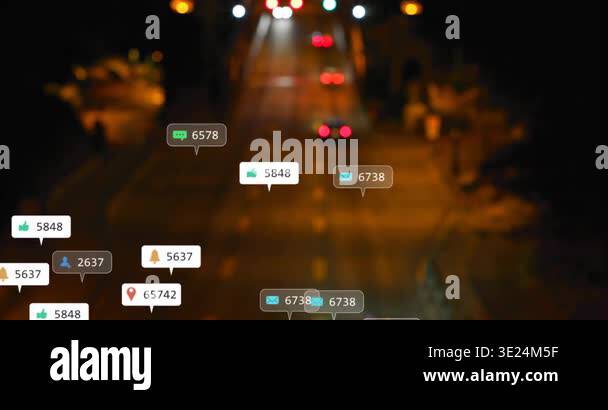 Pop-up labels appearing, clustering over blurred street on center car ...