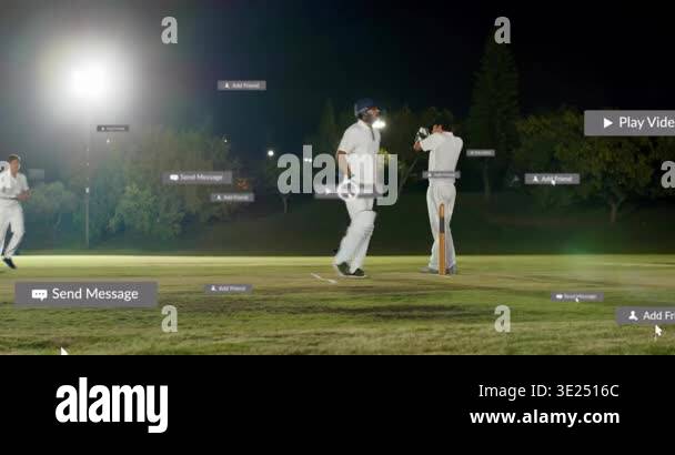 Bowler bowling causing cricket wicket, team celebrating at stumps under ...