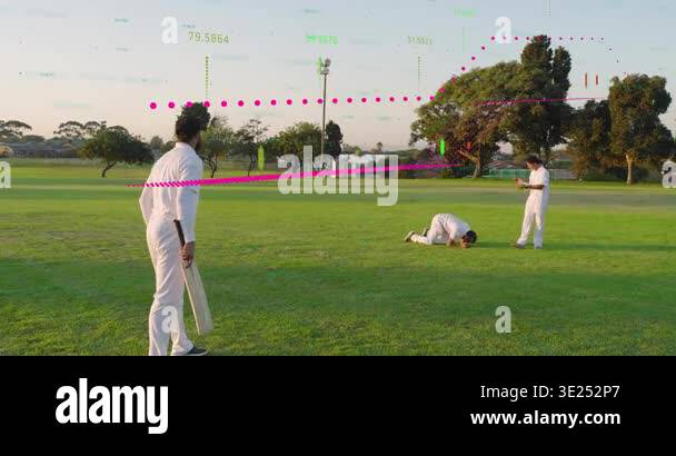 Bowler delivering batter swinging fielder retrieving ball cricket ...