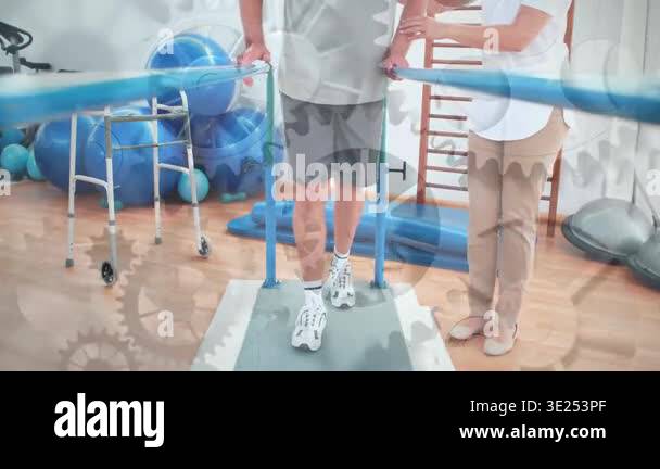 Patient starting treadmill walking on bars while rehab PT assessing ...