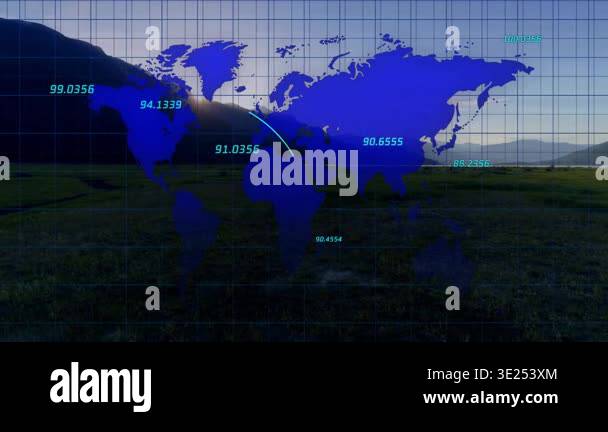 Translucent blue world map overlay animating while sun edging ridge ...