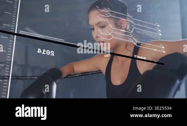 Sportswoman leaning on ropes breathing, raising chin as HUD lines ...