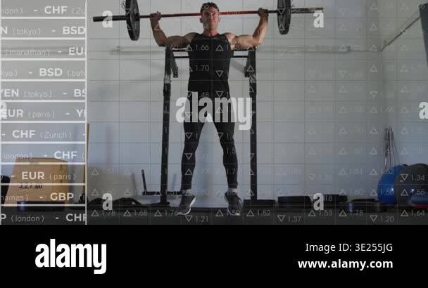 Male lifter unracking, jerking bar overhead, doing wide squat while ...