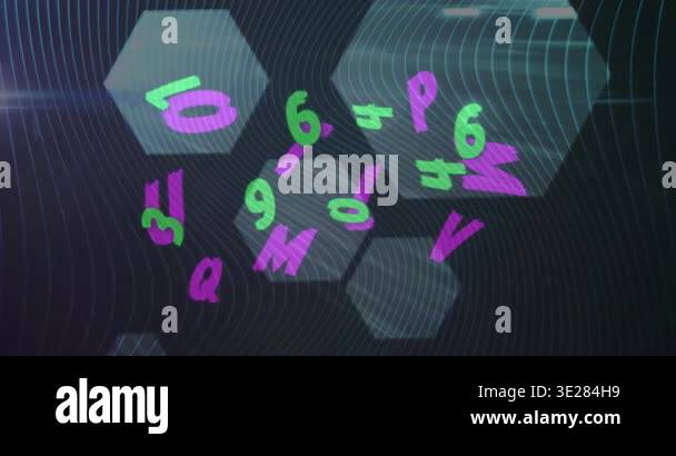Animation of changing green numbers and purple letters over grey ...