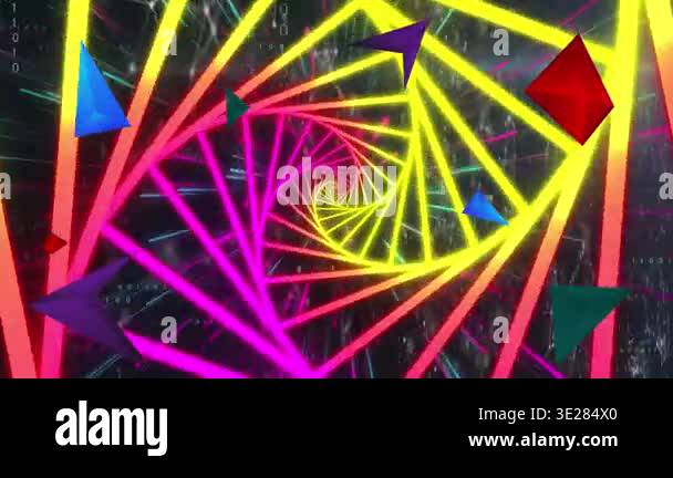 Animation of moving colorful geometrical shapes over neon shapes on ...