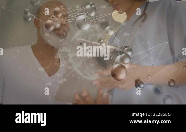 Female nurse examining male patient in medical clinic, with network ...