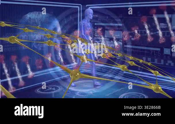Animation of human body model and data processing over navy background ...