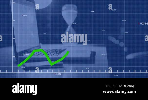 Animation of financial data processing over empty office. Global ...