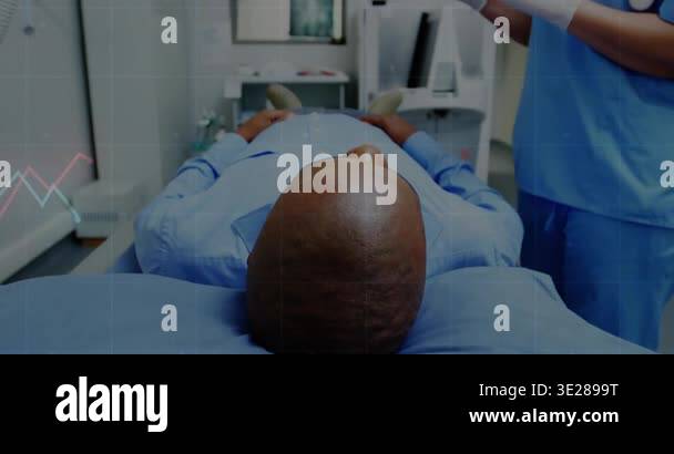 male patient lying on exam table in clinical health scene, provider ...