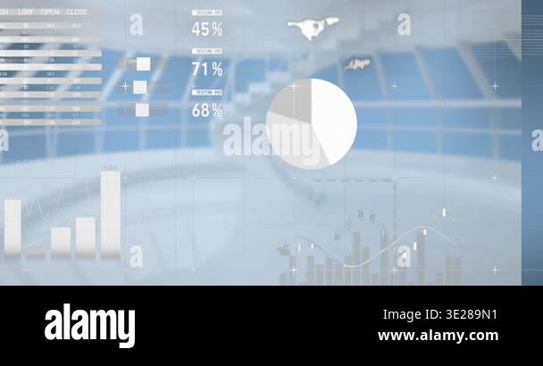 Animation of statistics and data processing over empty office. Global ...