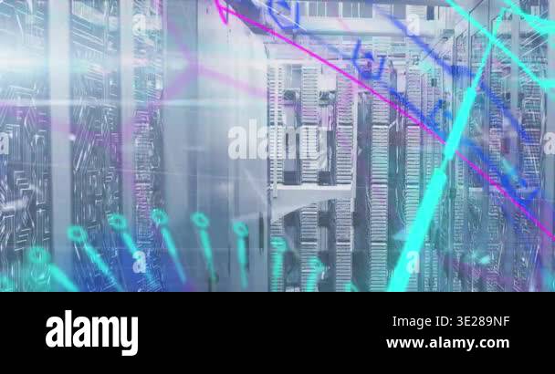 Animation of multiple neon round scanners against empty computer server ...
