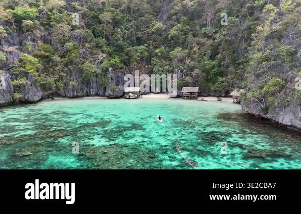 Drone Aerial view of Banol Beach on paradise island, Coron, Palawan ...