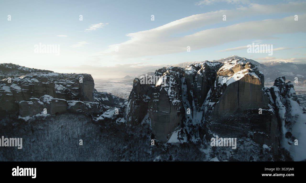 flying above meteora in winter at sunrise - roussanou monastery on the ...