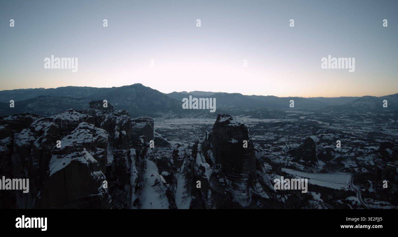 drone footage above meteora in winter at sunrise - roussanou monastery ...