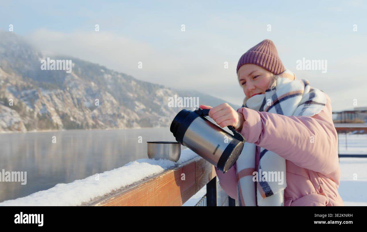 Cold winter picnic thermos Stock Video Footage - Alamy