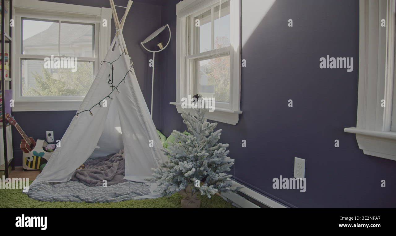 Tee pee style fort in bedroom of child blue wall Stock Video Footage ...