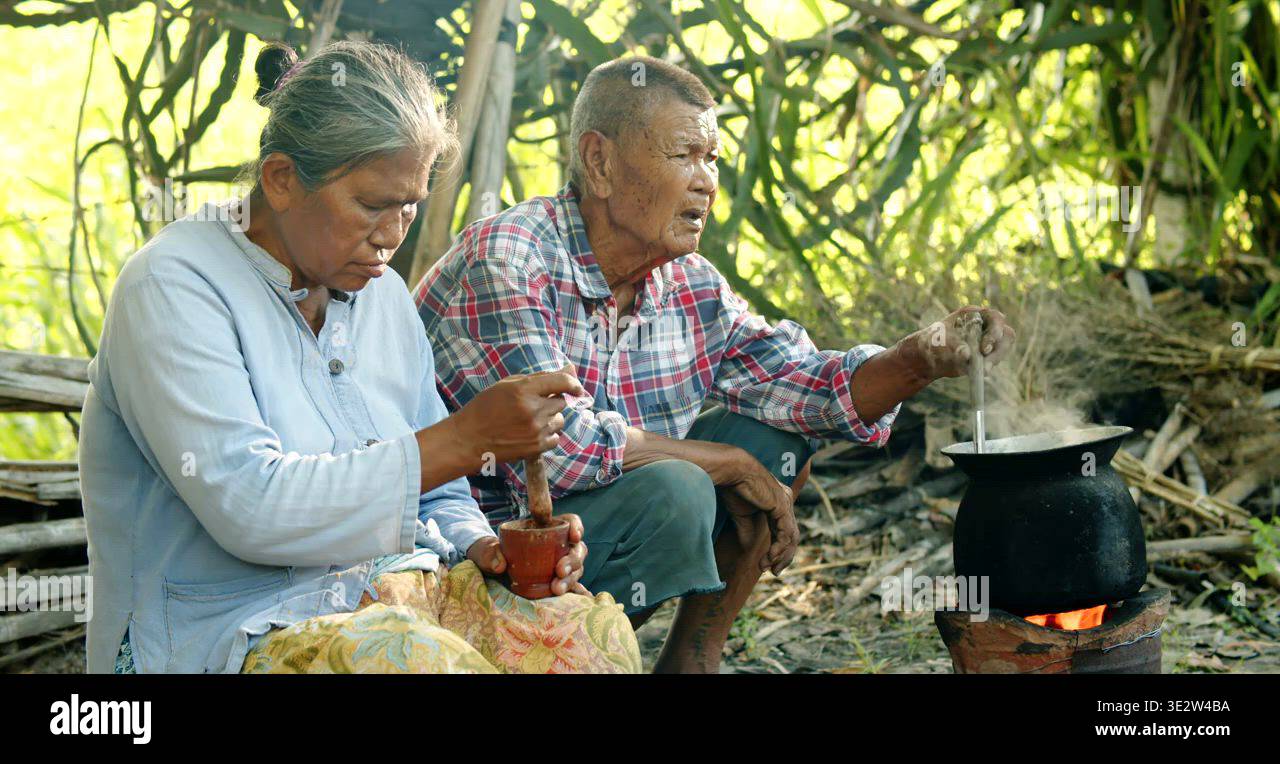 Elderly Thai Couple Preparing Food in Rural Thailand Stock Video ...