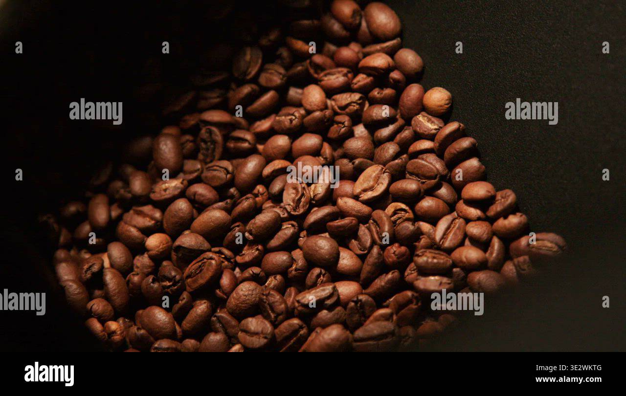 Roasted coffee beans filling dark container Stock Video Footage - Alamy