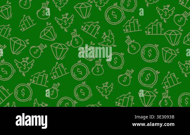 Green background filled with finance icons including money bags charts ...