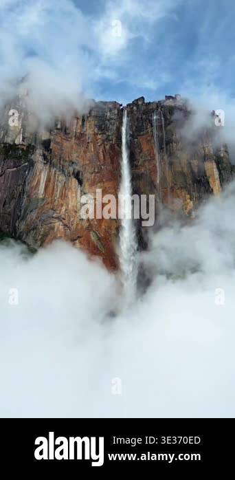 Aerial drone view of Angel Falls cascading from the Auyan tepui ...