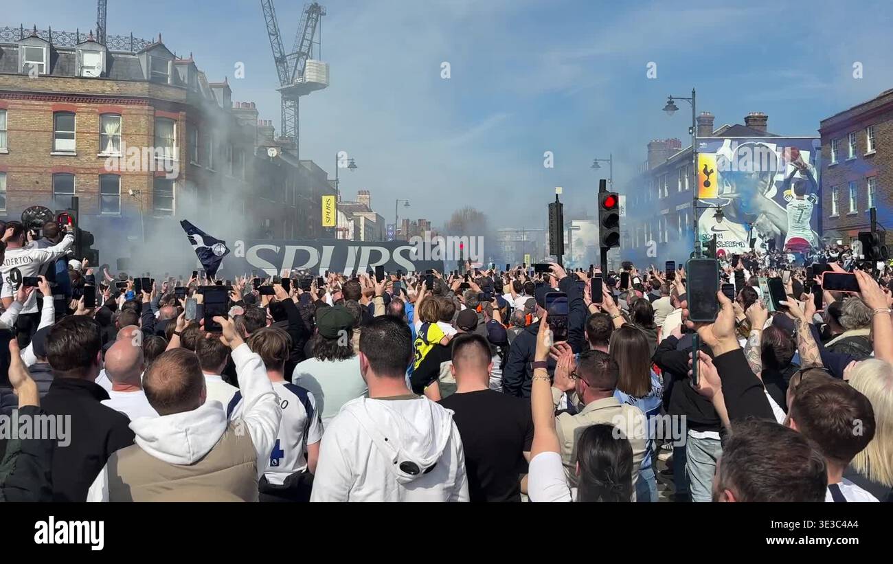 Spurs fans welcome team bus in ahead of Forest clash Stock Video ...