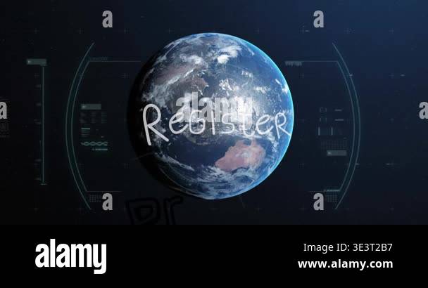 Animation of register text and data processing over globe and virus ...