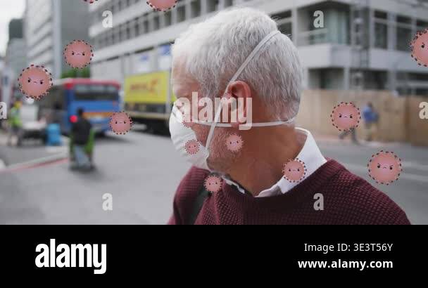 Animation of falling covid 19 cells over senior caucasian men wearing ...
