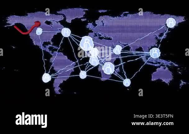 Global network connections and data flow animation over world map with ...