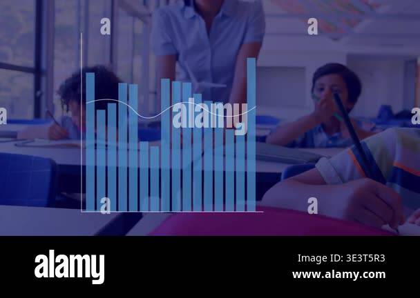 Animation of financial graphs over diverse female teacher and pupils in ...