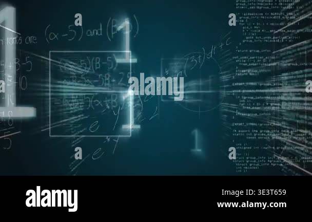 Animation of binary code and scientific data on black background ...