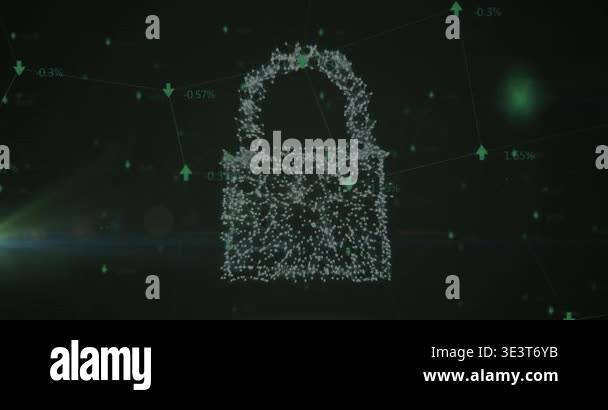 Animation of network of connections and security padlock icon against ...
