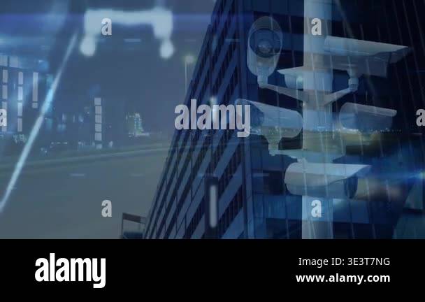 Animation of cameras moving over cityscape. global business and digital ...