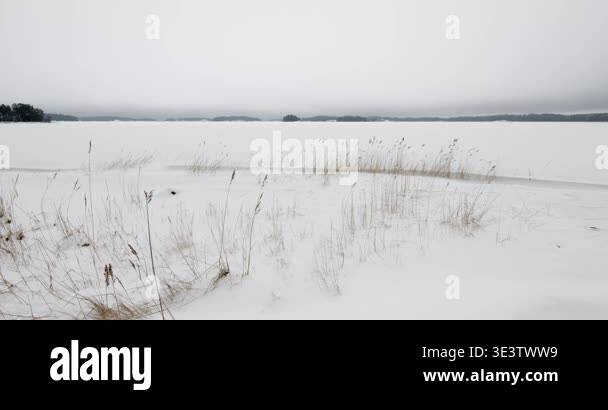 Serene, snow-covered landscape featuring a frozen body of water ...